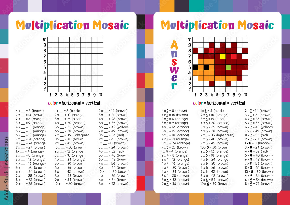 Ilustração Multiplication Mosaic Math Puzzle Worksheet. Educational ...