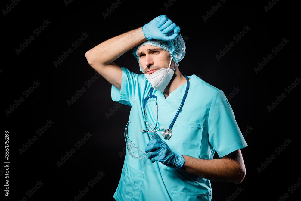 Photo of guy doc professional unhappy hold hand on forehead stressed ...