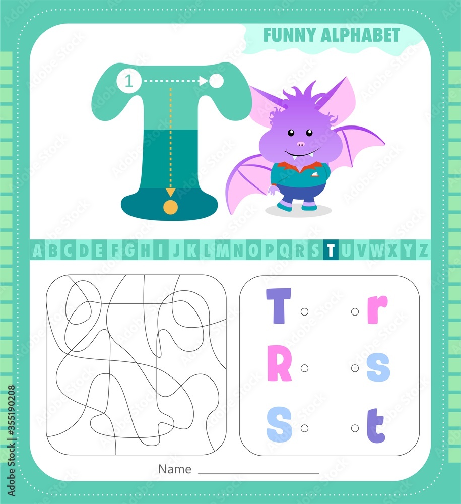 Letter T and funny cartoon bat. Alphabet a-z. Coloring page. Printable ...