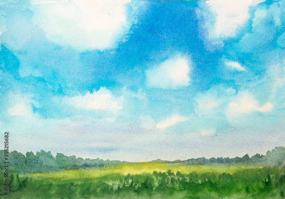 watercolor abstract landscape with grass field and fluffy clouds Stock ...