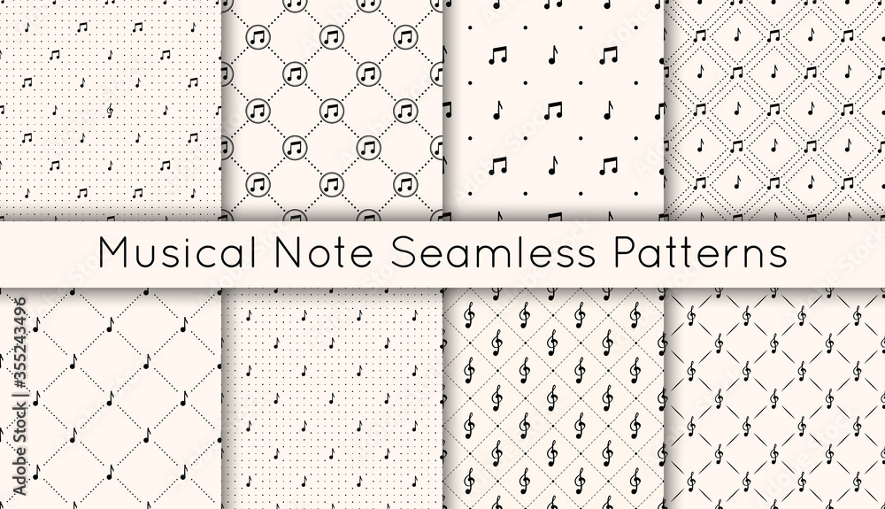 Set of 8 vector seamless retro pattern with different musical note ...