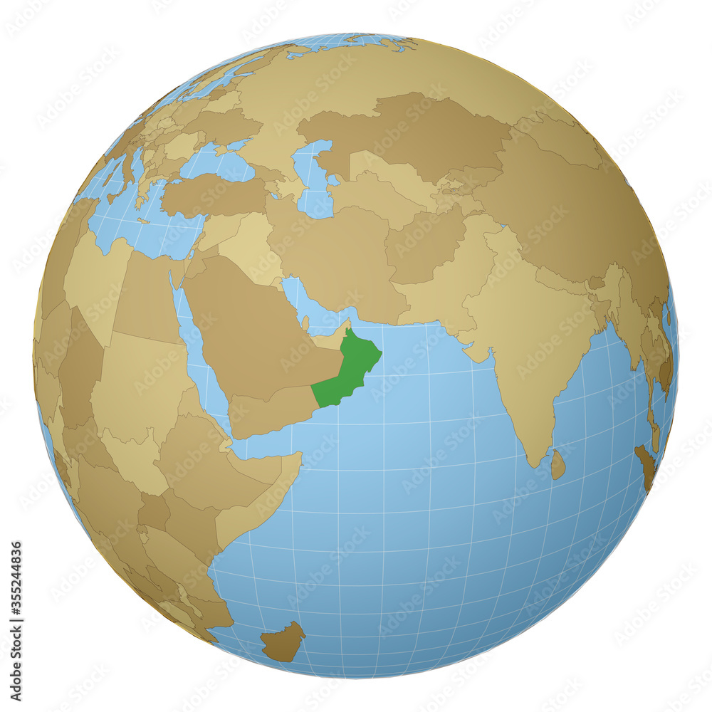 Globe centered to Oman. Country highlighted with green color on world ...