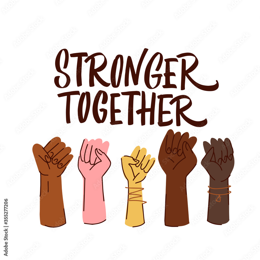 Hand drawn vector lettering Stronger together. Strong team support ...
