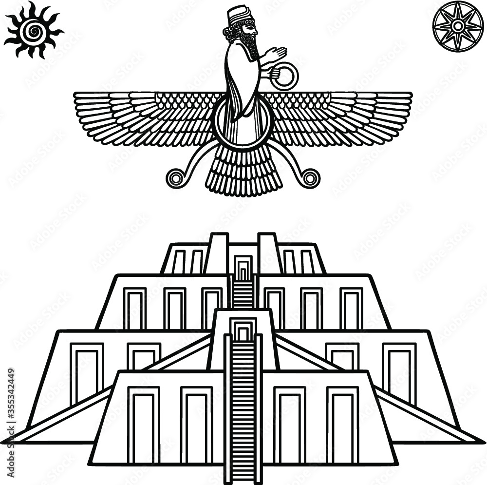 Cartoon drawing: ancient sacred Zikkurat, Image of Farvahar. Symbols of ...