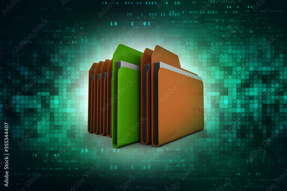 3d illustration of folders. One folder is separating from other folders. Background filled with ...