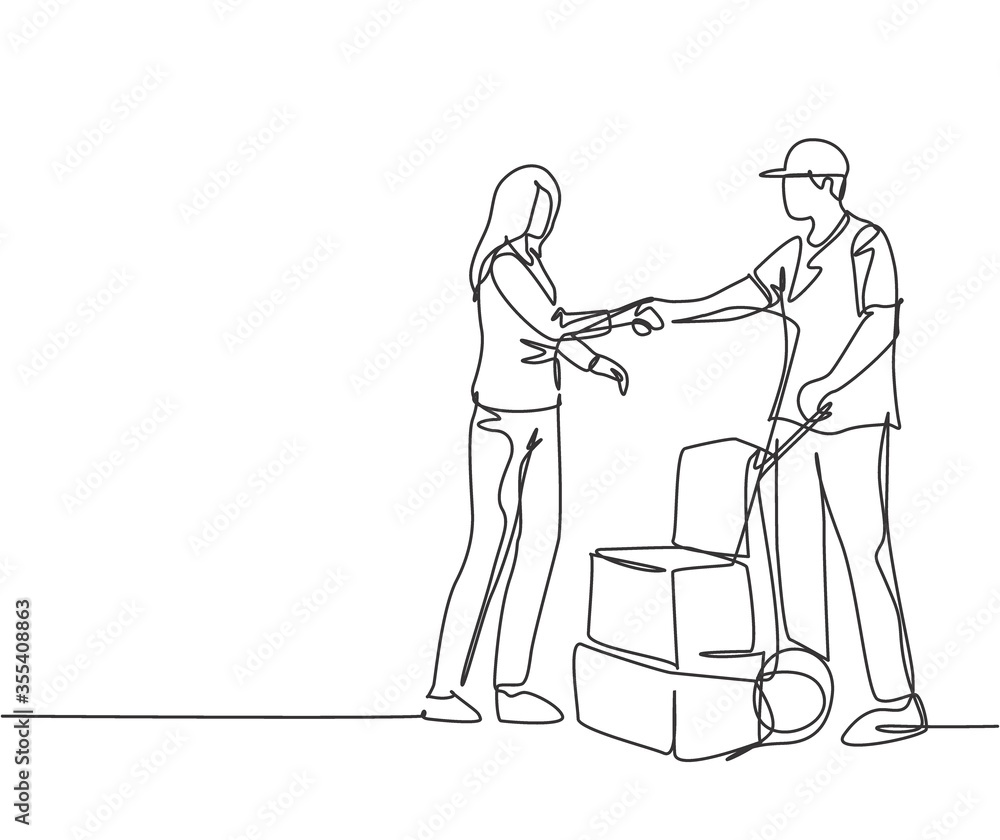 Continuous line drawing of courier delivery man handshaking the ...