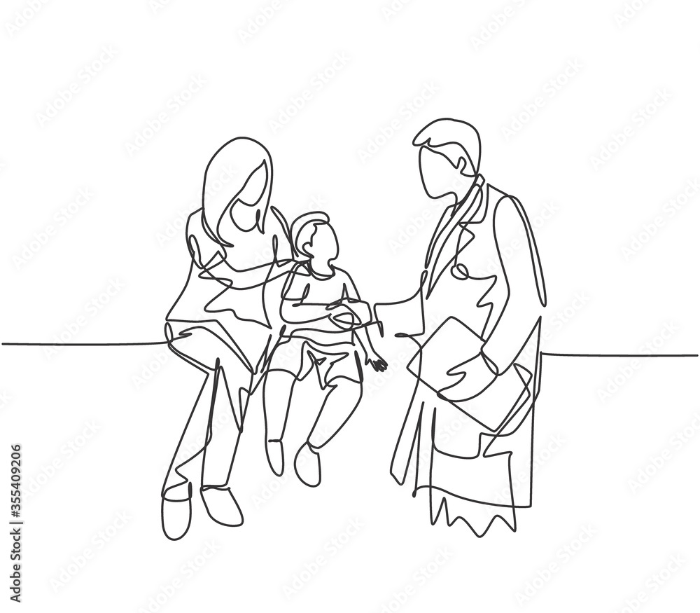 One line drawing of doctor handshaking young patient and check up his ...