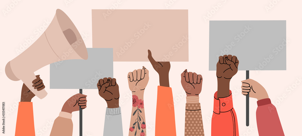 Crowd of people protesting for their rights. Holding posters in hands ...