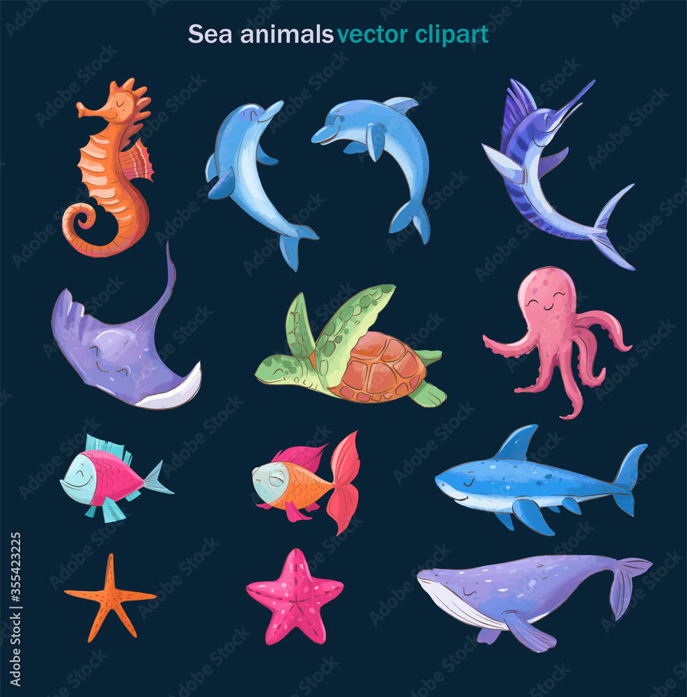Sea animals. Set of cartoon vector illustration. Seahorse, whale ...