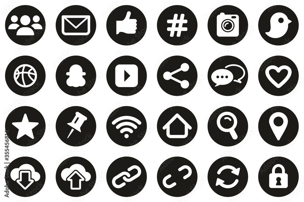 Social Media Icons White On Black Flat Design Circle Set Big Stock ...