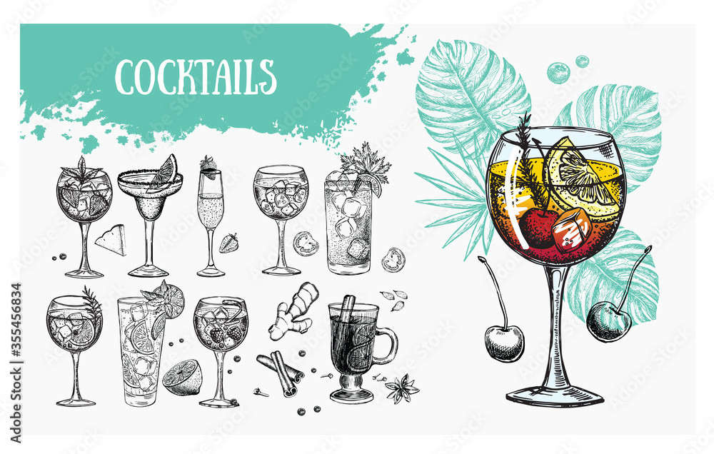 Cocktail menu design template. Alcoholic cocktails hand drawn. Stock ...