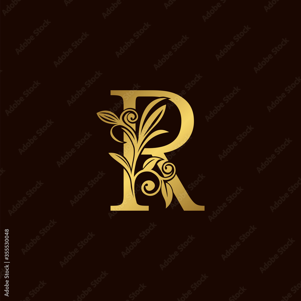 Gold Nature Leaf R Luxury Letter Logo Concept. Elegant floral style ...