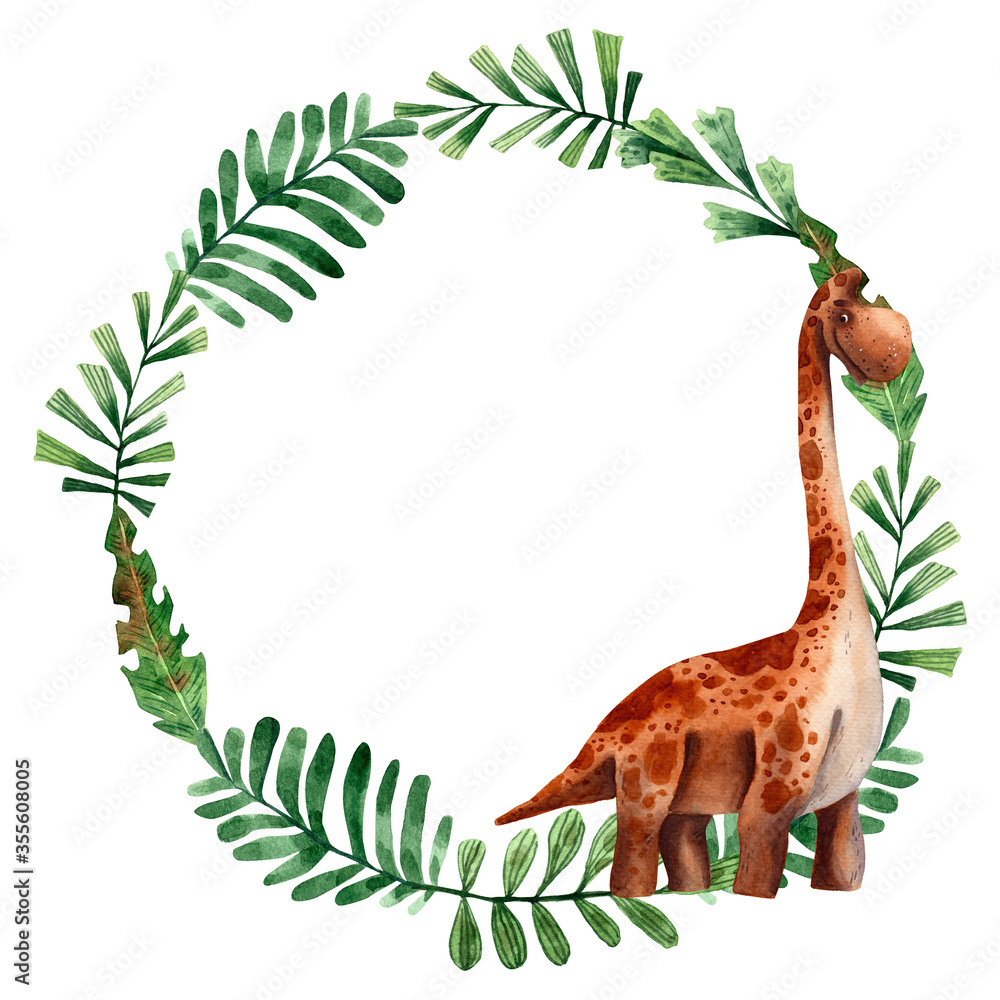 Hand drawn watercolor floral frame. Cute green dinosaur. Children ...