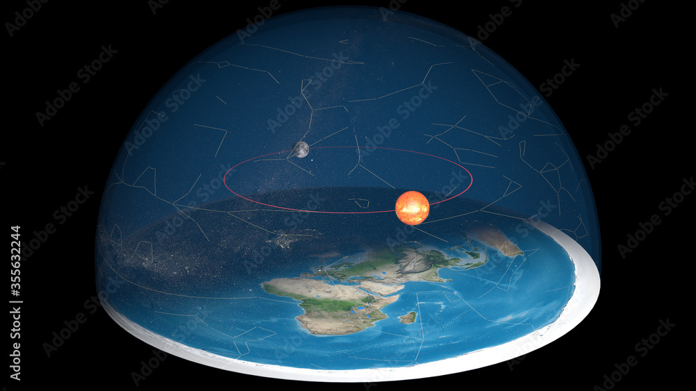 Ilustração Flat Earth 3D Model with a layer of stars and constellations ...