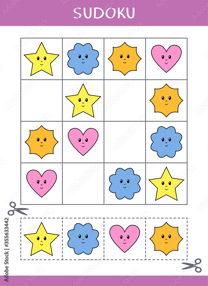 Sudoku for kids. Simple logic game. Cut and glue Stock Illustration ...