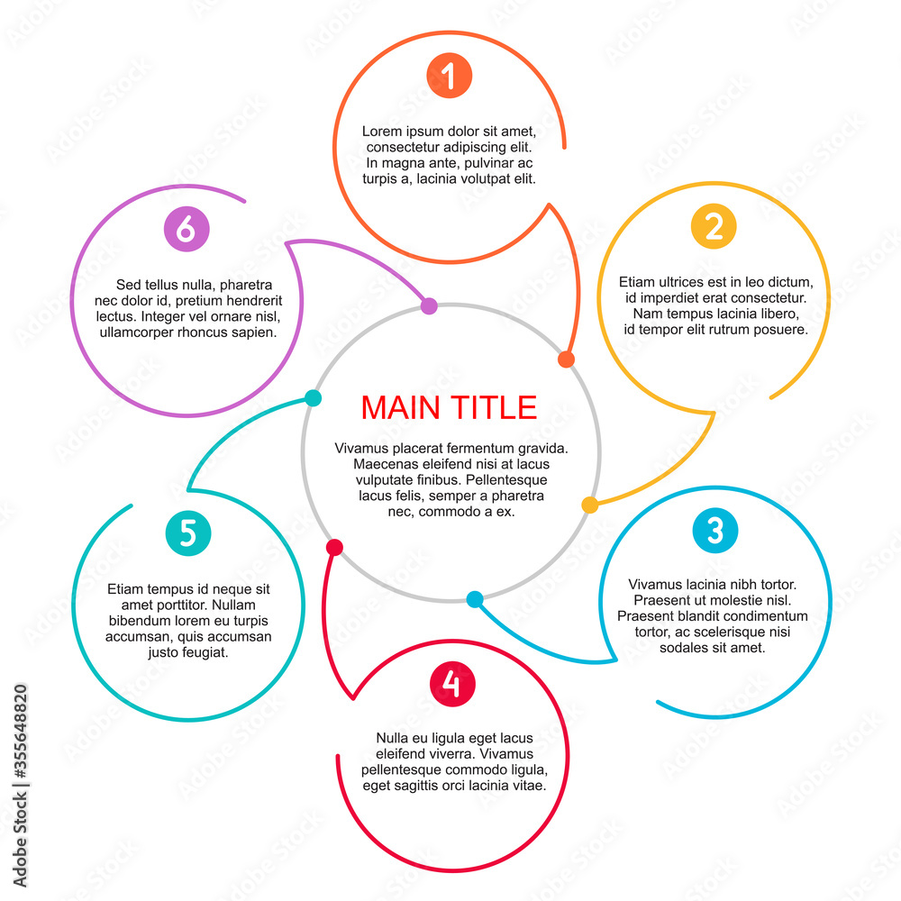 Infographics with 6 steps (points) in colorful rounded outline, sample ...