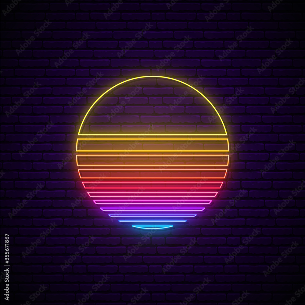 Abstract neon sun sign. 80s retro sunset illustration. Glowing neon sun ...