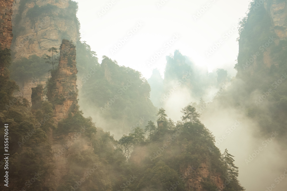 many sandstone columns and cliffs at Zhangjiajie national forest park ...