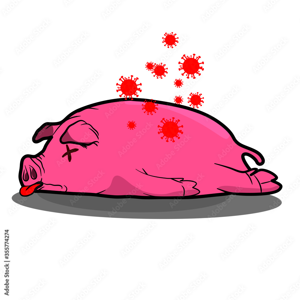 Cartoon pig lying dead with a group of viruses Stock Vector | Adobe Stock