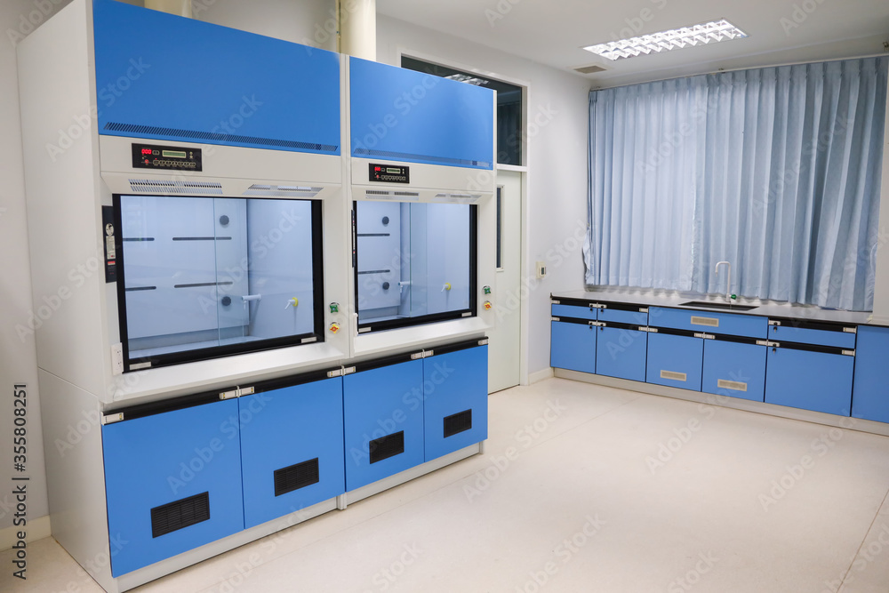 Laboratory fume hoods in science classroom interior of university ...