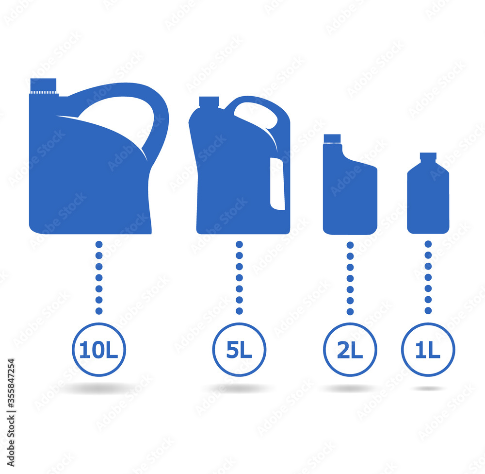 Plastic canisters blue set. Icons for the engine oil cans with ...