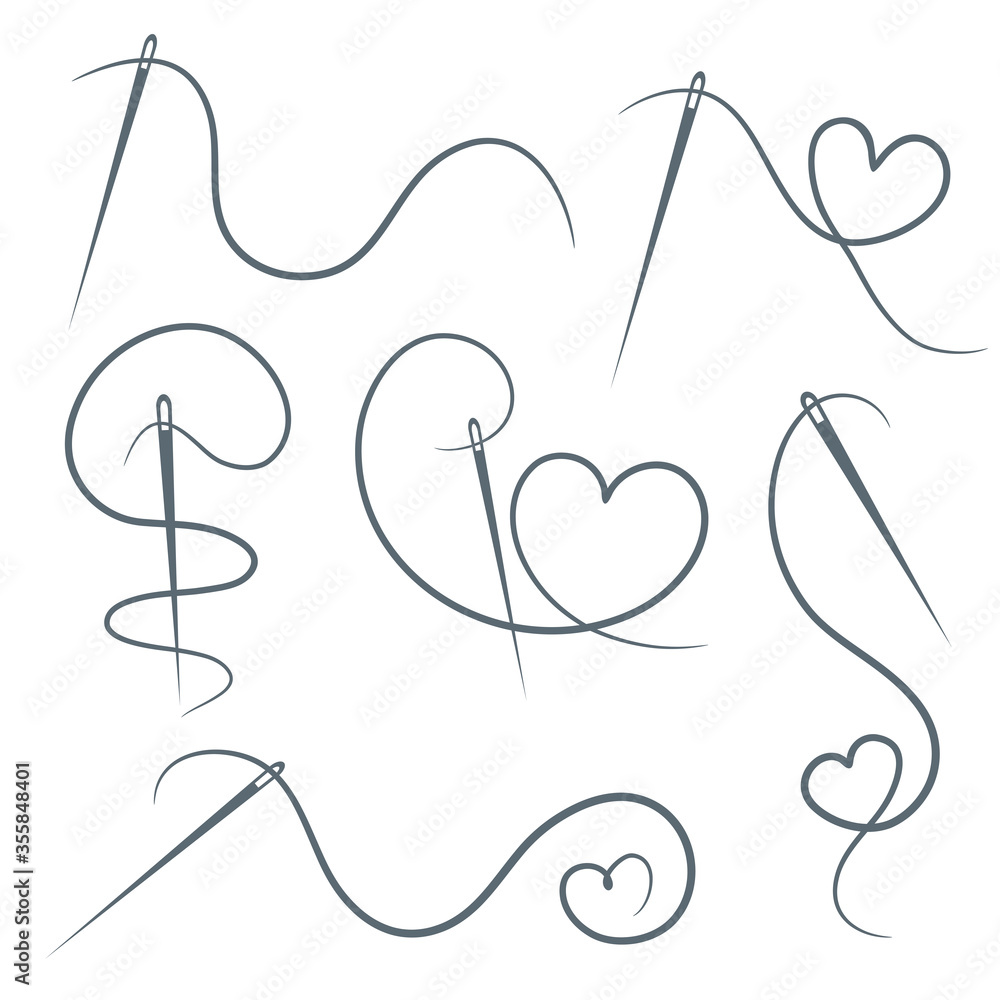 Heart with a needle thread icon for design on white, set of different ...