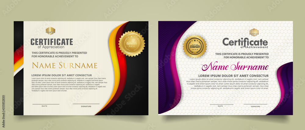 set horizontal certificate template with flow lines ornament and modern ...