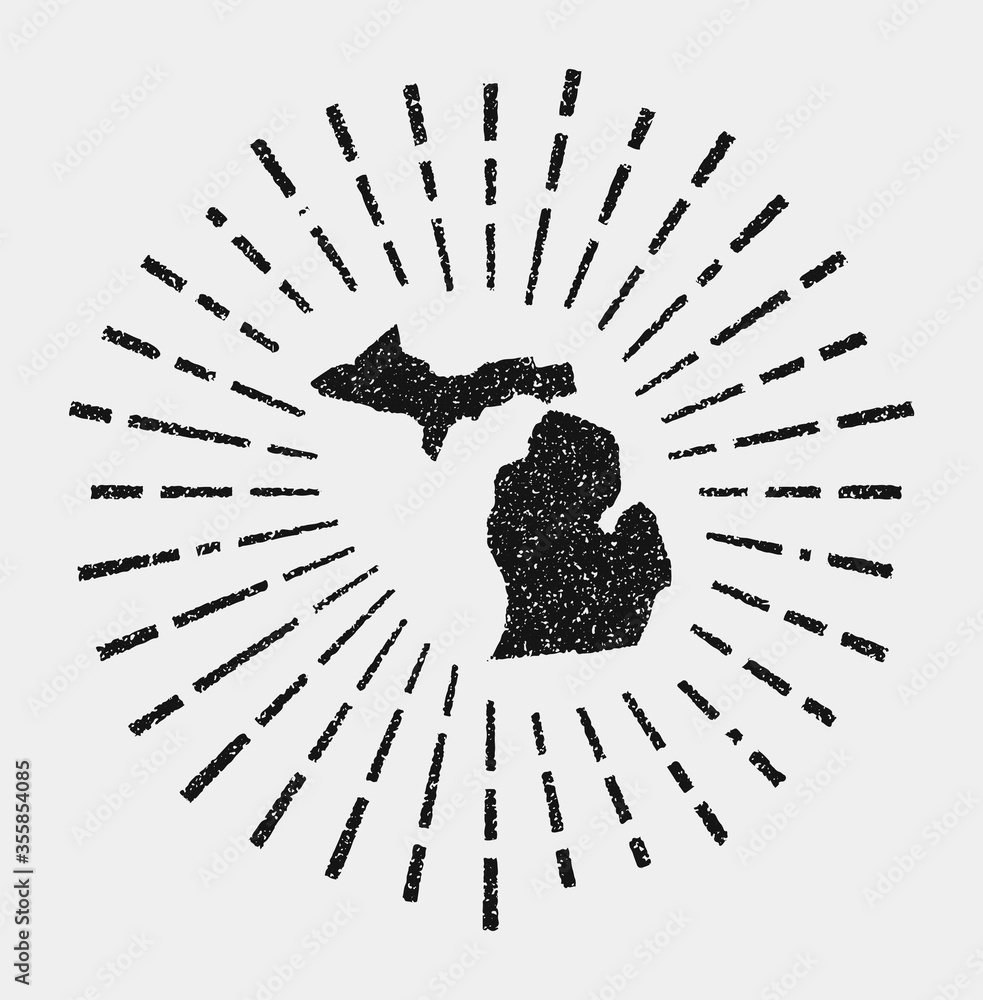 Vintage map of Michigan. Grunge sunburst around the US state. Black ...