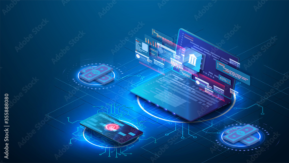 Online Internet banking 3d isometric banner. A Bank building with ...