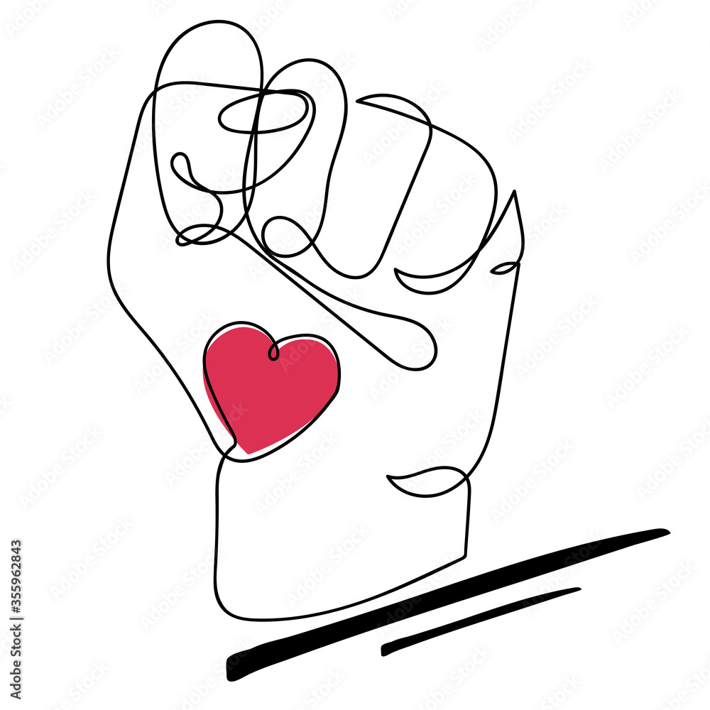 Continuous line drawing of strong fist raised up, with small red heart ...