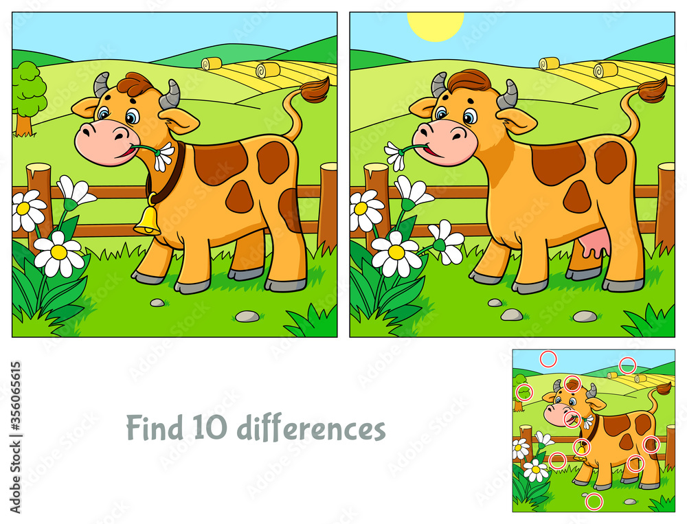 Funny cow. Find 10 differences. Educational game for children. Cartoon ...
