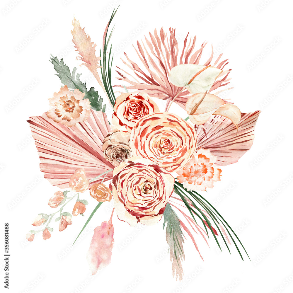 Watercolor Tropical Dried Flowers Clipart. Watercolor summer modern ...