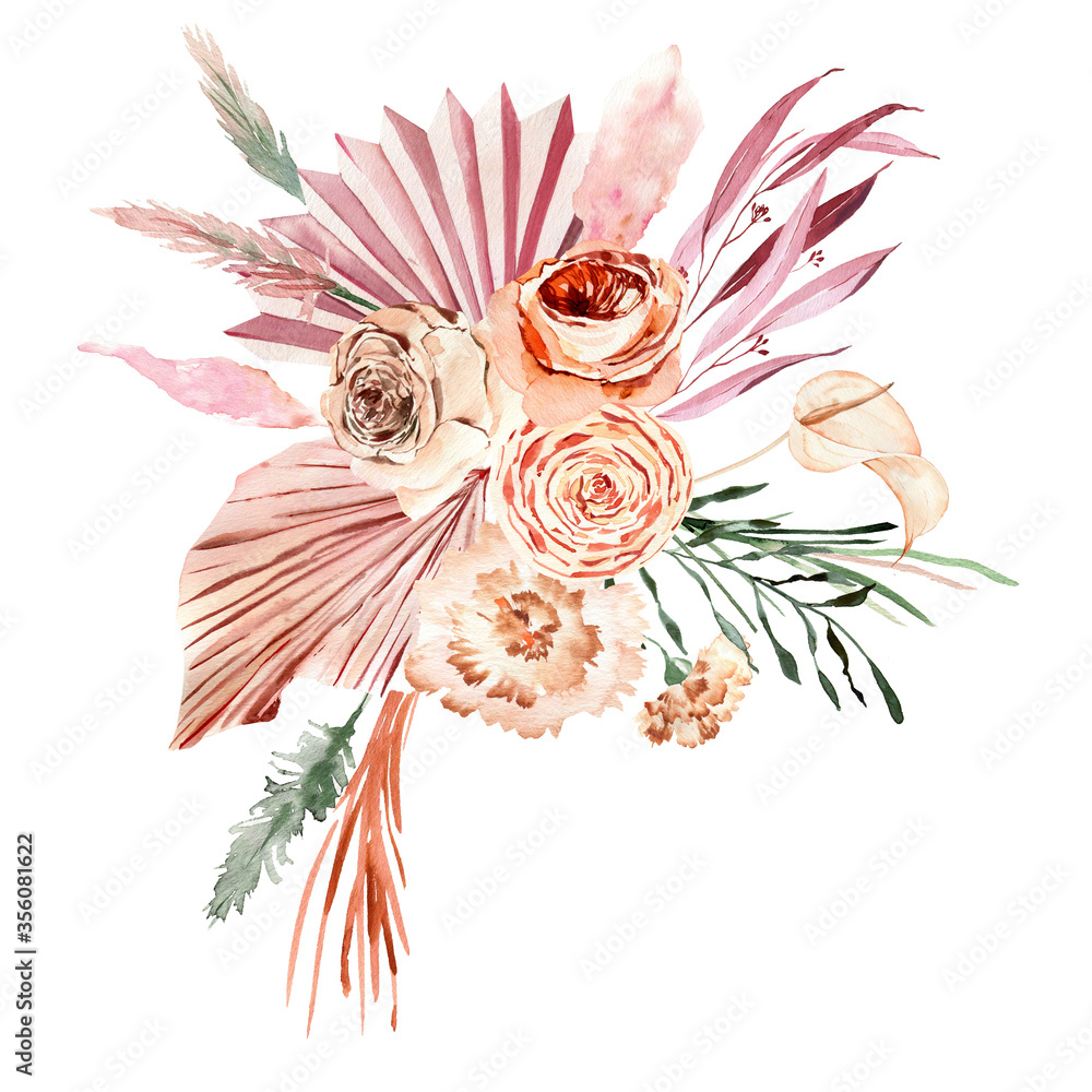 Watercolor Tropical Dried Flowers Clipart. Watercolor summer modern ...