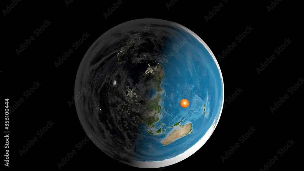 Top view of flat earth model with clouds layer, without red orbit ...