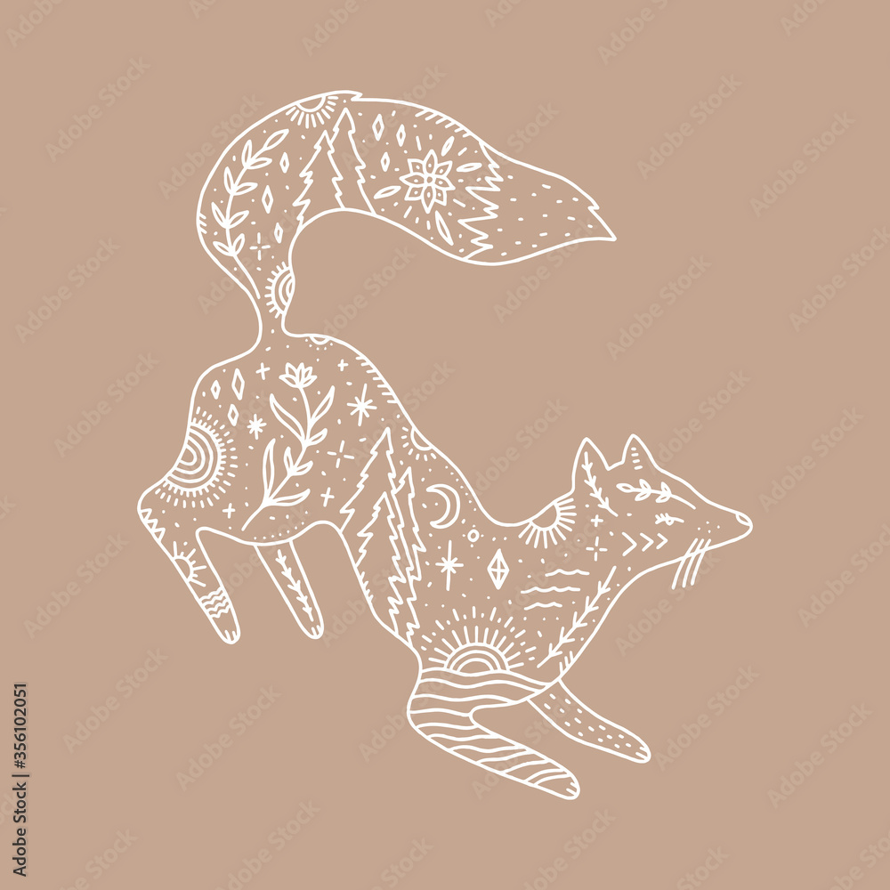 Jumping fox. Ornate animal. Harmony and zen. Crescent moon magic ...