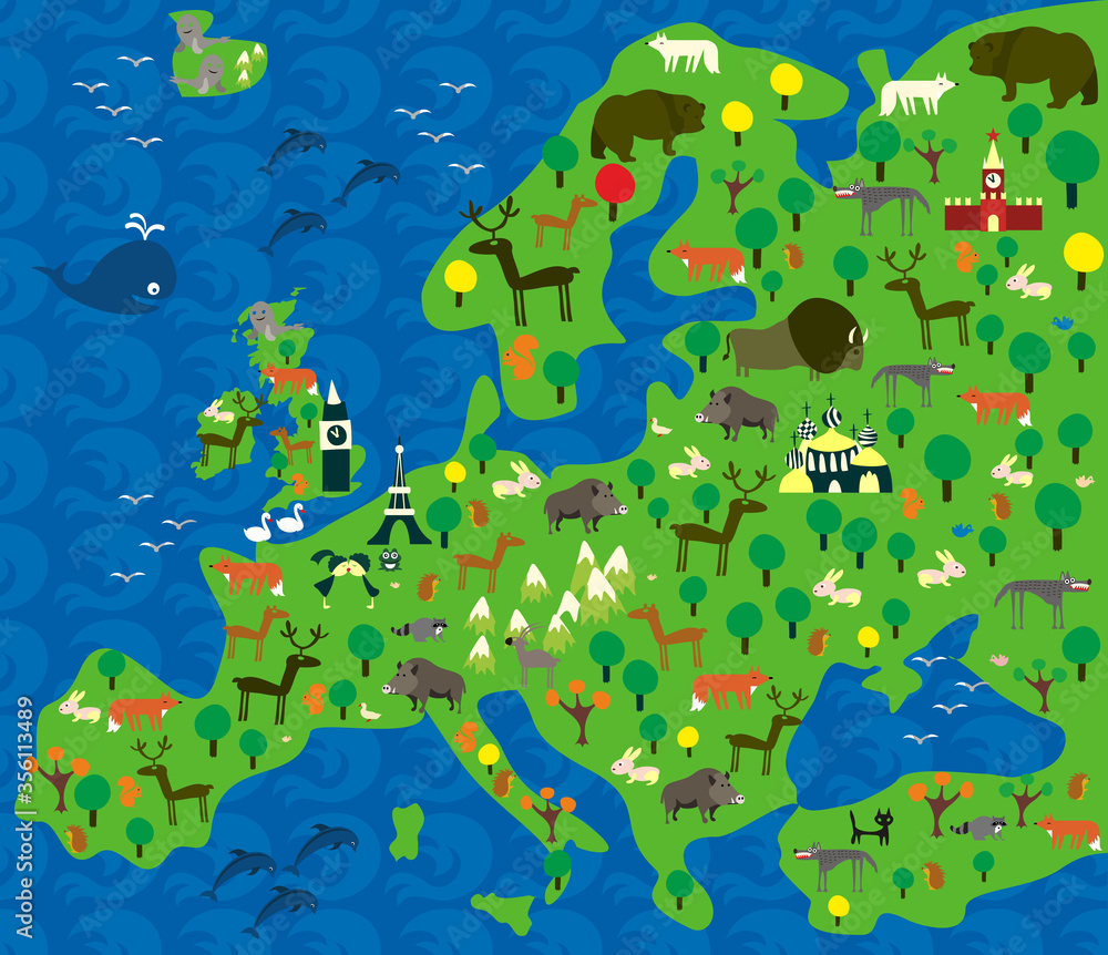 Cartoon map of Europe with animals . Vector illustration Stock Vector ...