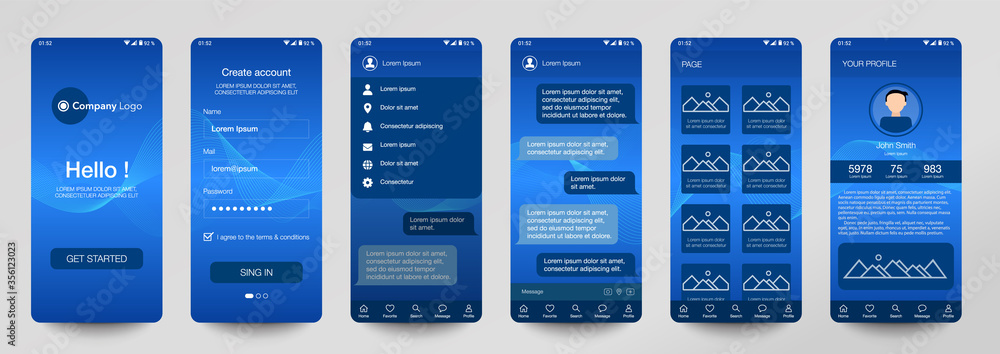 Design of mobile app, UI, UX, GUI. Set of user registration screens ...