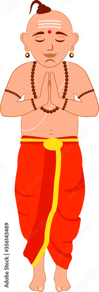 Indian priest in traditional Indian clothing with folded hands and ...