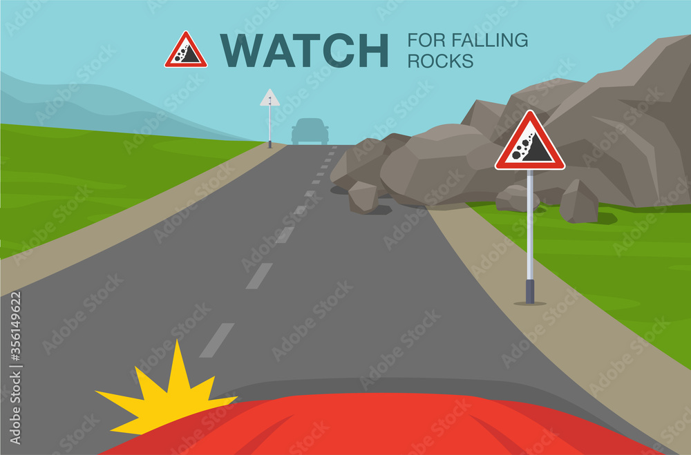Driving a car. Watch for falling rock road sign. Car is about to go ...