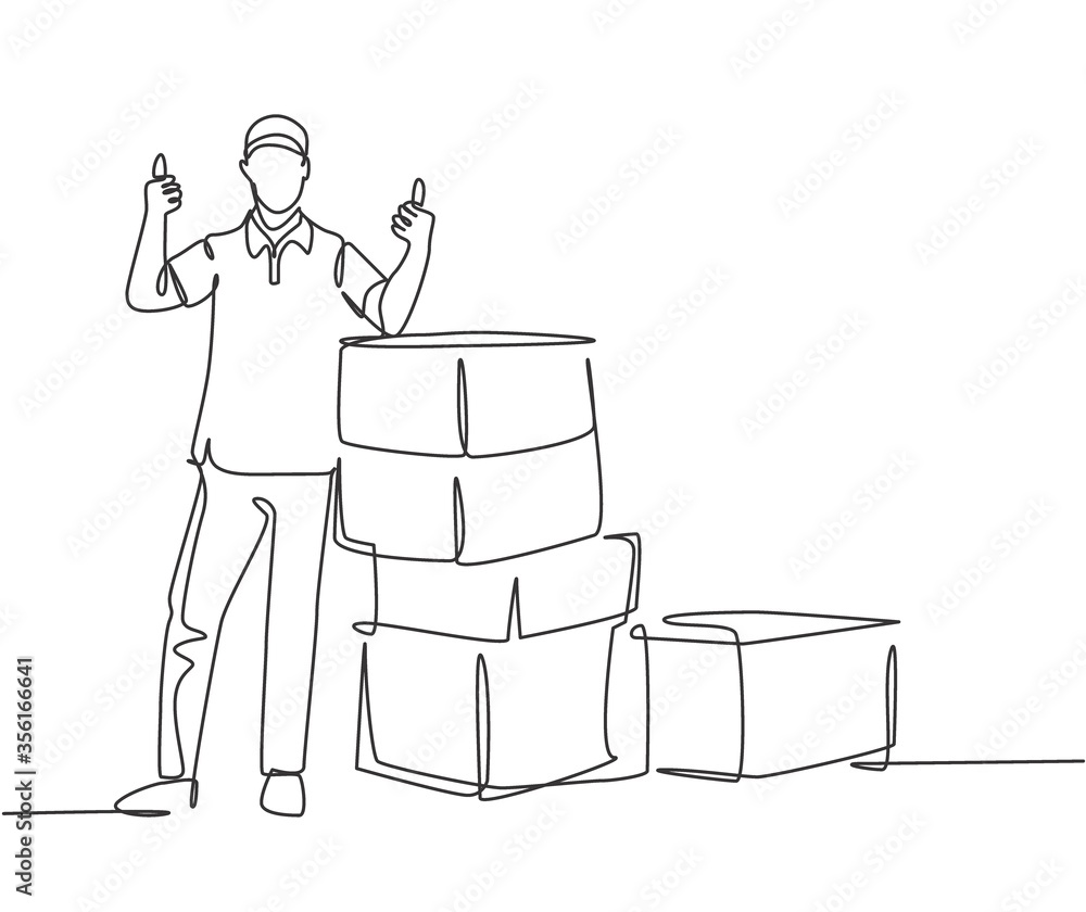 One line drawing of young happy delivery man thumbs up while lift up ...