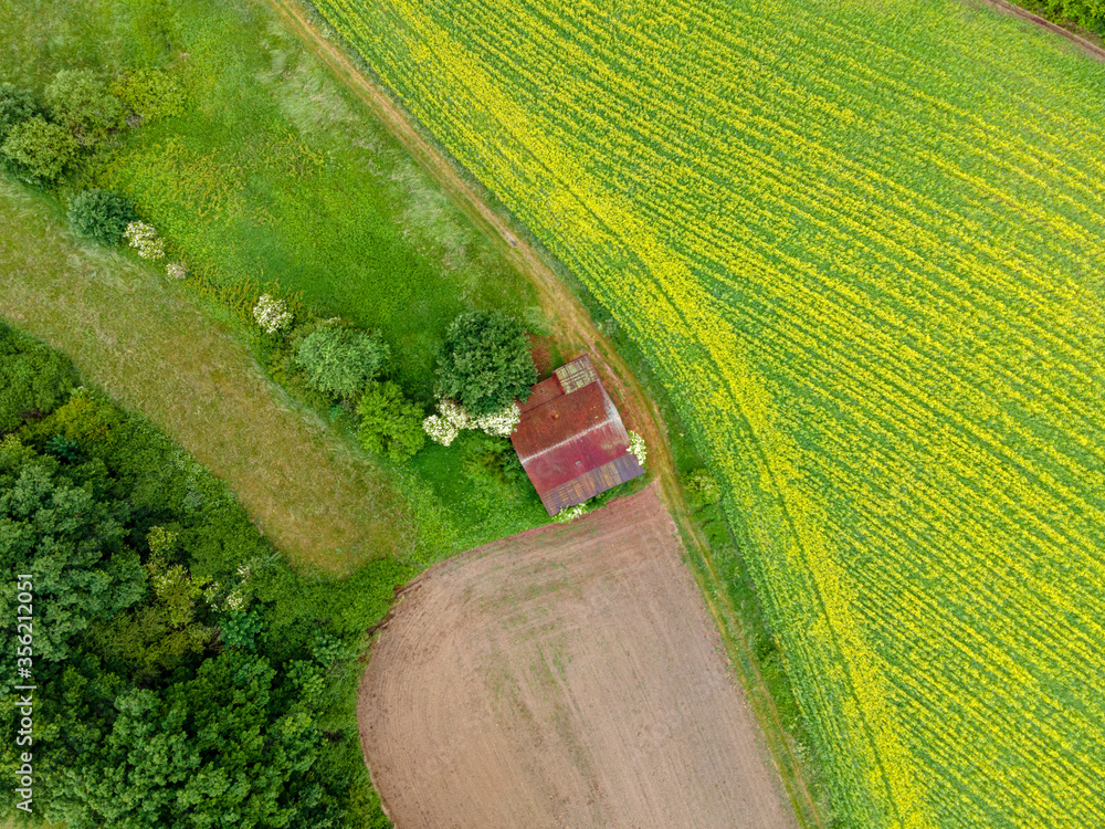 Barn with red roof from top view with surrounding nature Stock Photo ...