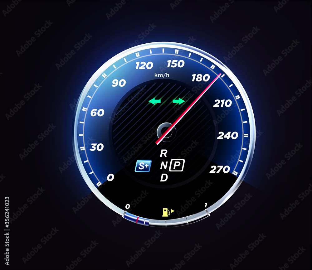 Realistic vector car speedometer interface. Dashboard panel for auto. Car odometer speed counter ...
