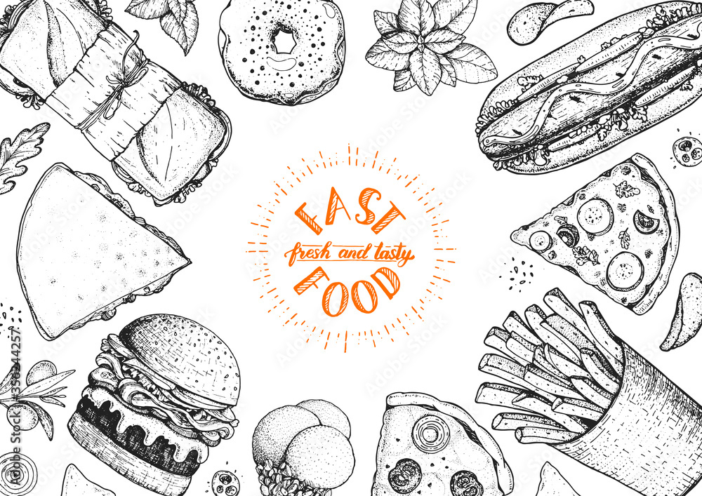 Fast food hand drawn sketch collection. Vector illustration. Junk food ...