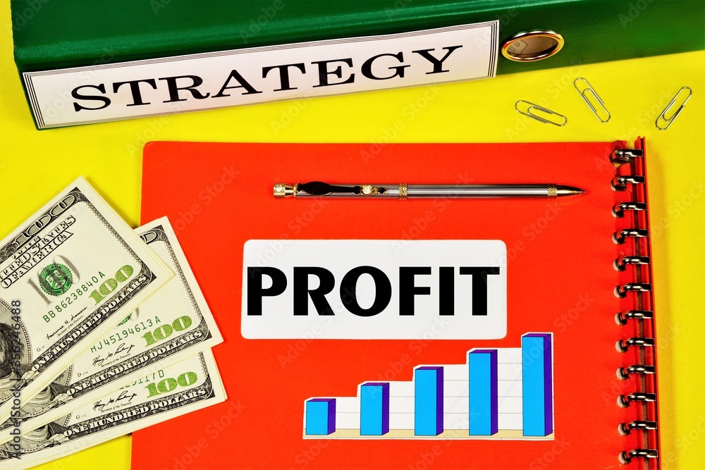 Profit strategy-a text label and a chart of financial revenue growth on ...