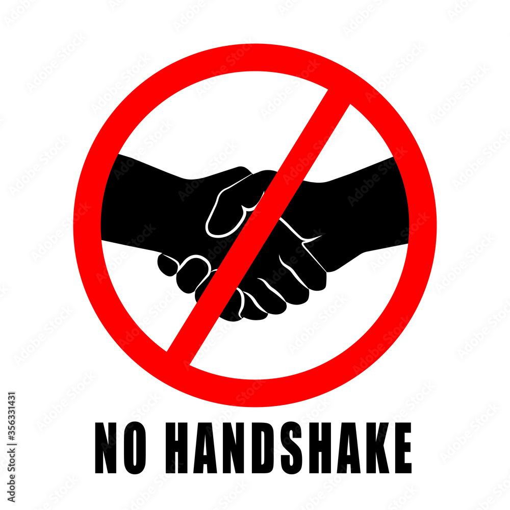 Black filled handshake in a crossed out red circle sign. Lettering No ...