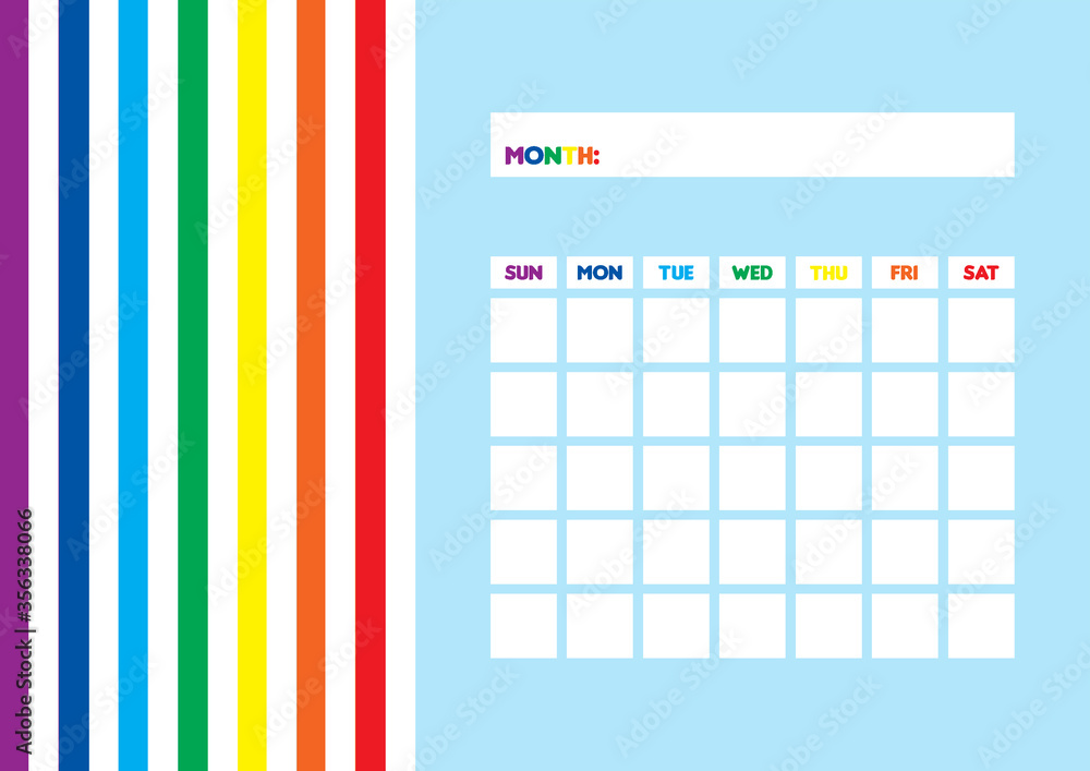 Printable Blank Monthly Rainbow Calendar Sunday Start Stock ...