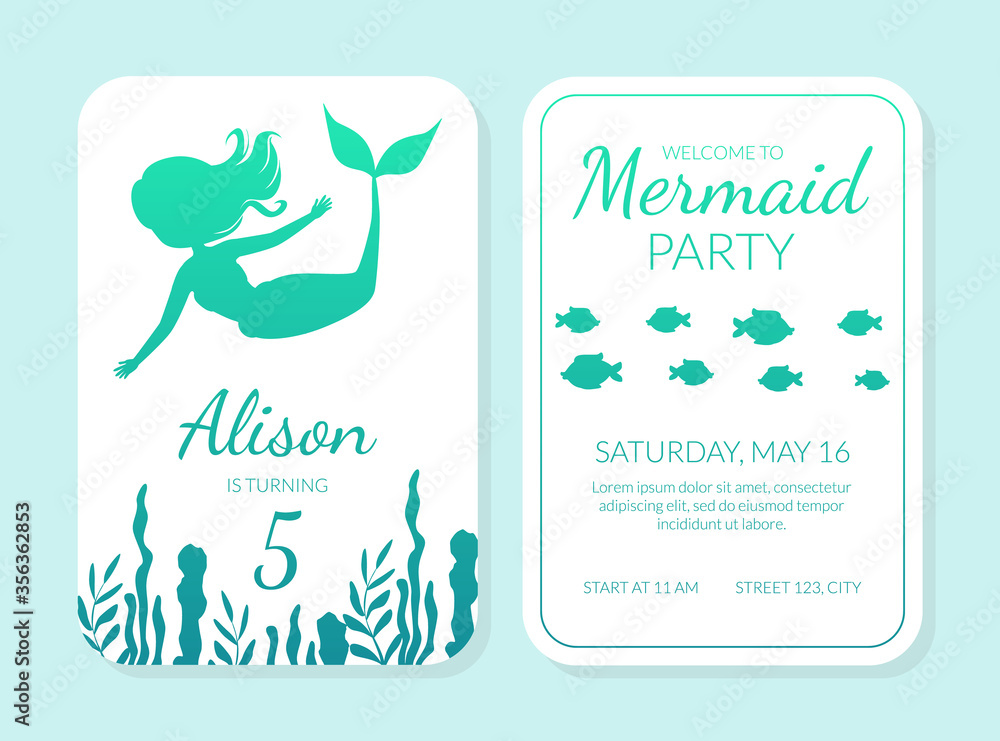Welcome to Mermaid Party Card Template with Silhouettes of Mermaid and ...