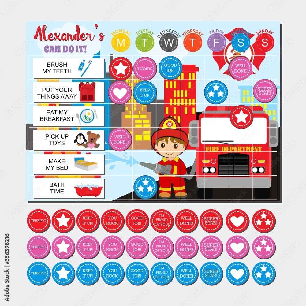 Fire fighter chore chart for kids Stock Vector | Adobe Stock