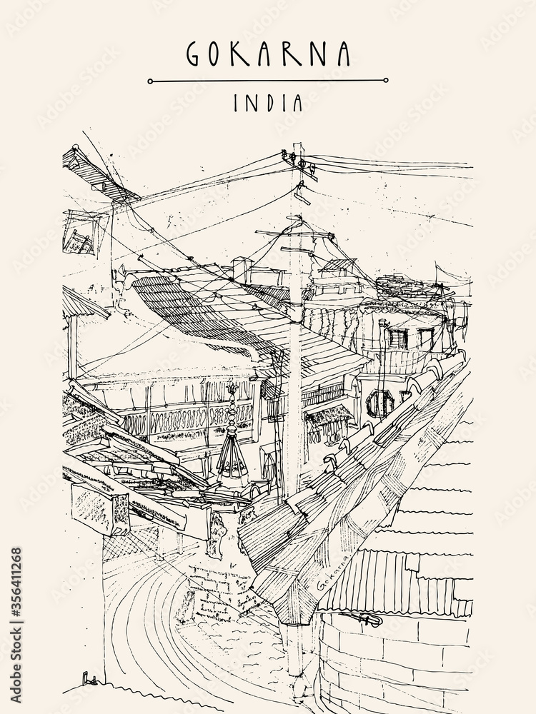 Gokarna village, Karnataka, India. Main street near Parvati temple ...