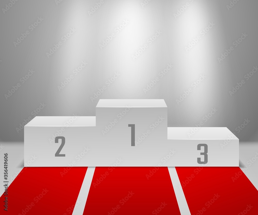 Winners podium with red carpet. Empty white winners pedestal with ...
